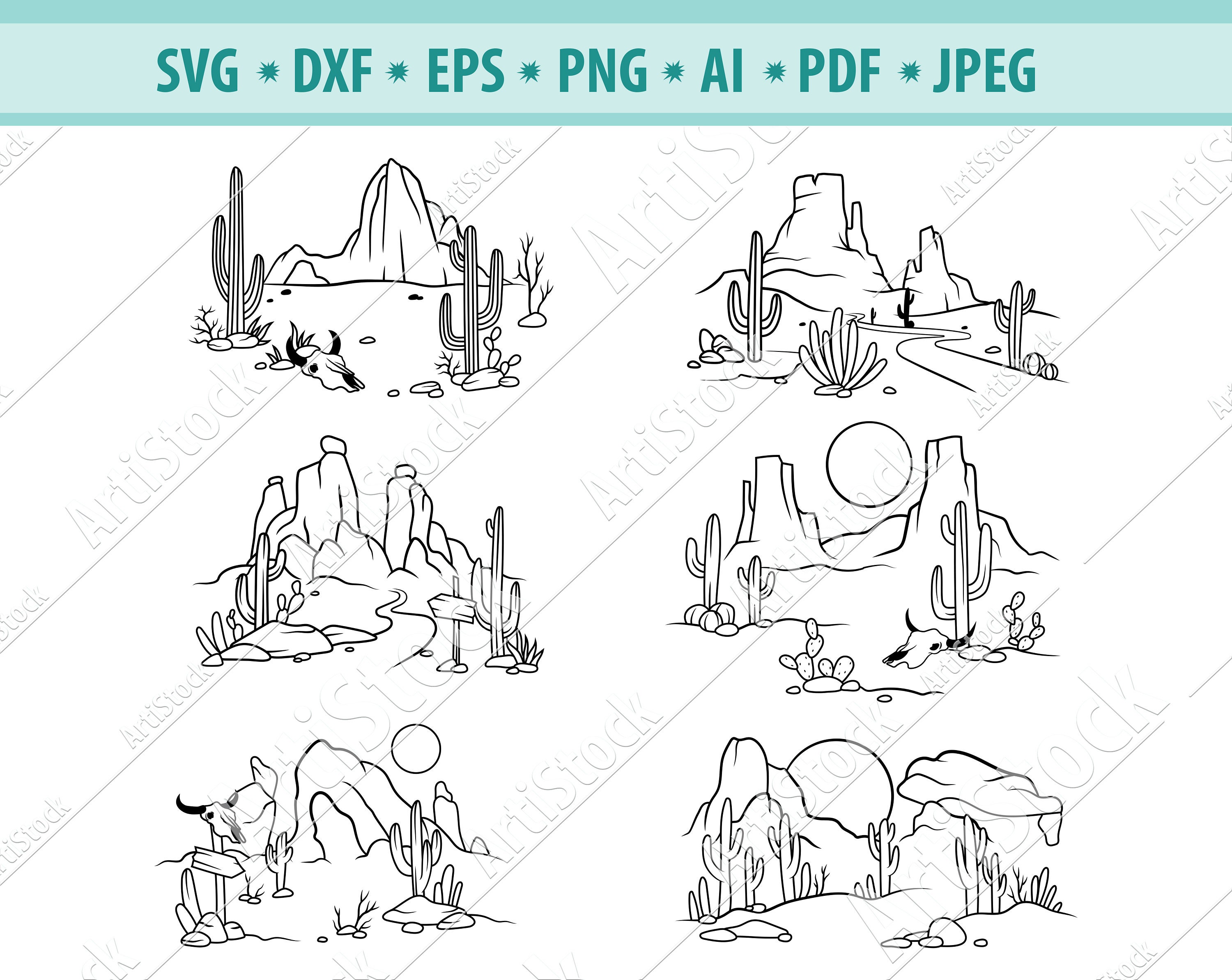 Desert Cactus Svg Sunset Svg Western Cut File Skull Bull - Etsy