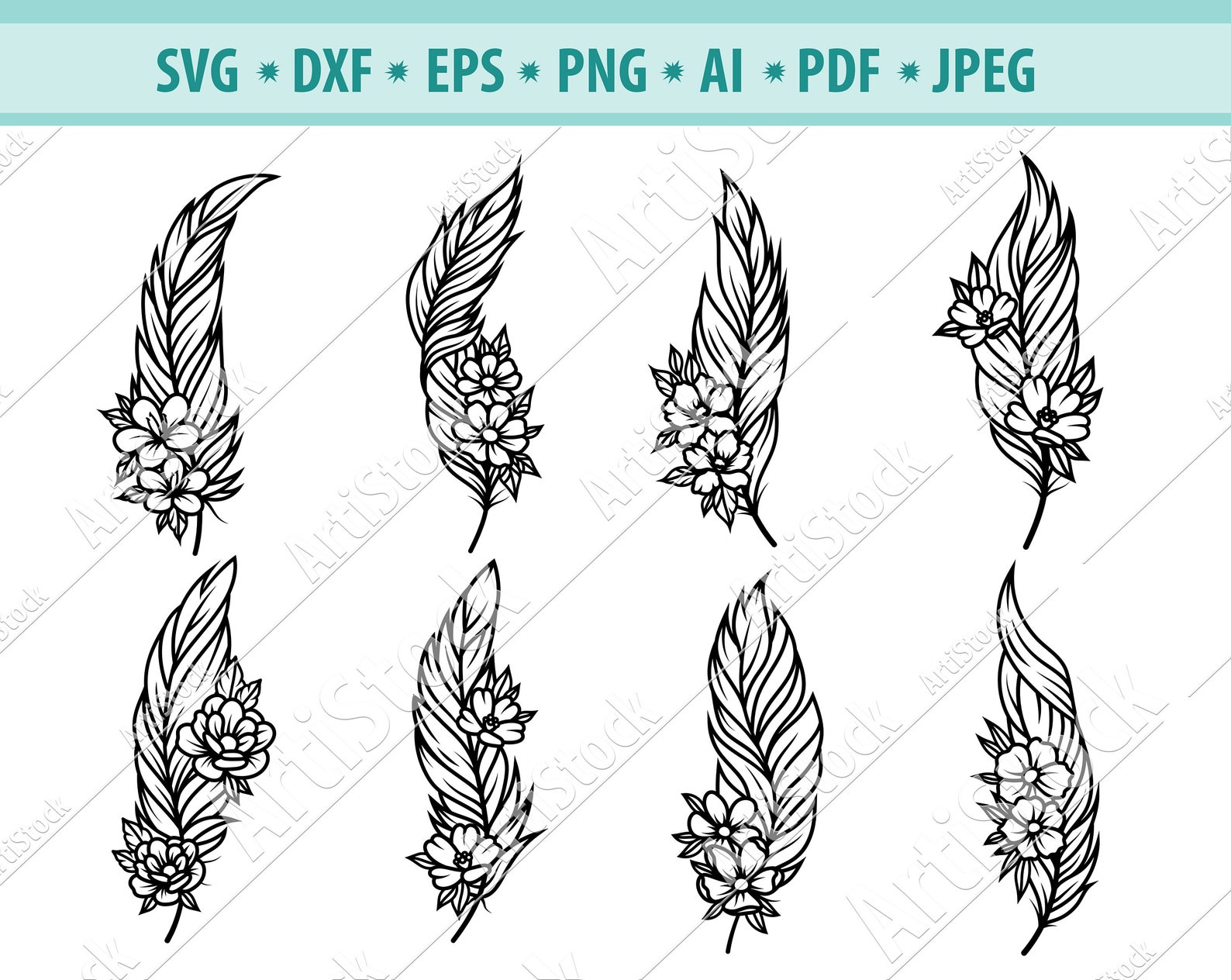 Feather SVG Feathers With Flower SVG Feather Clipart - Etsy