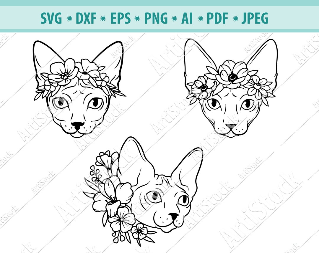 Sphynx Cat SVG, Sphynx Cat With Flower Crown Svg, Sphynx Portrait Svg ...