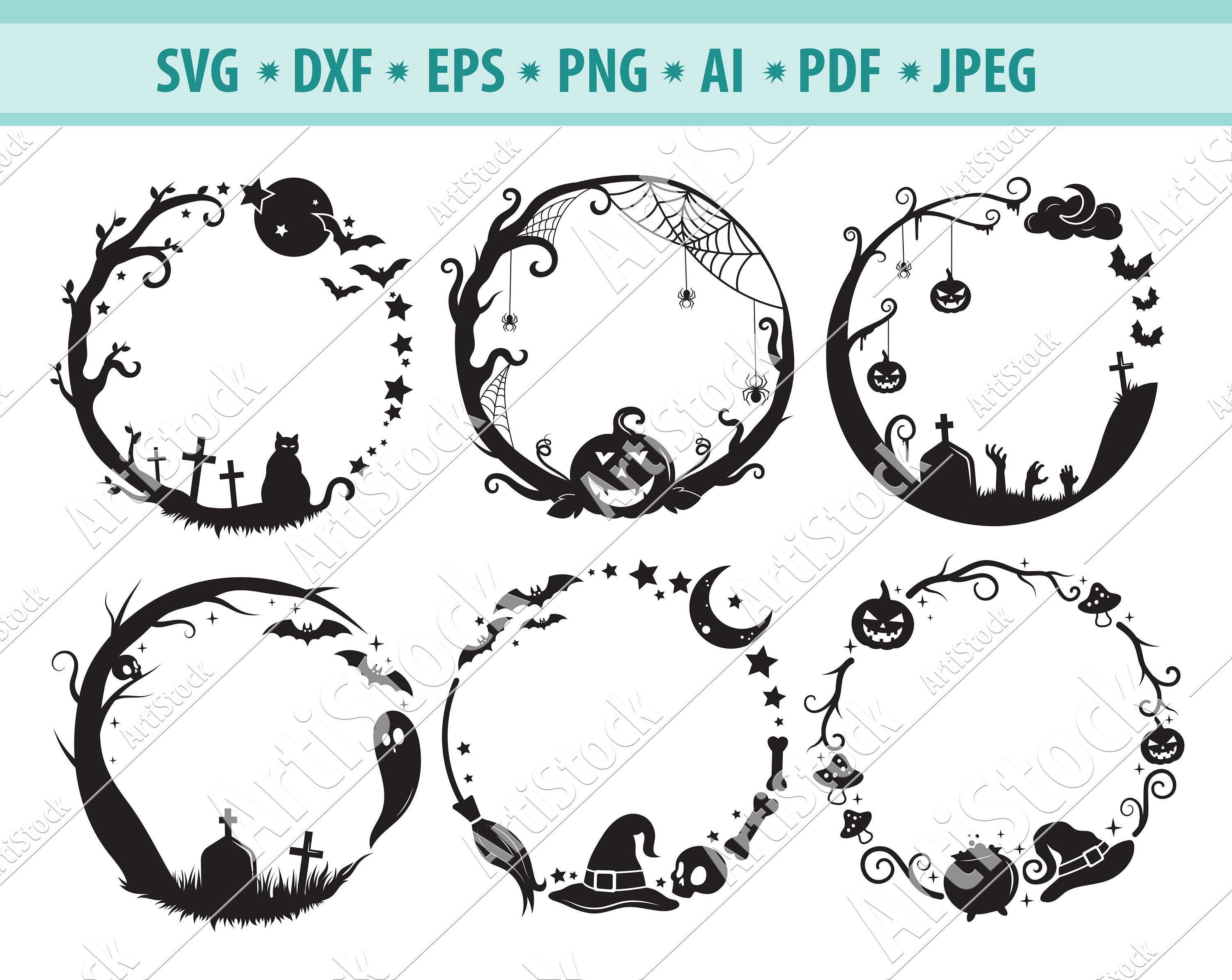 Halloween Frame Svg Bats Monogram Frame Witch Hats Svg - Etsy