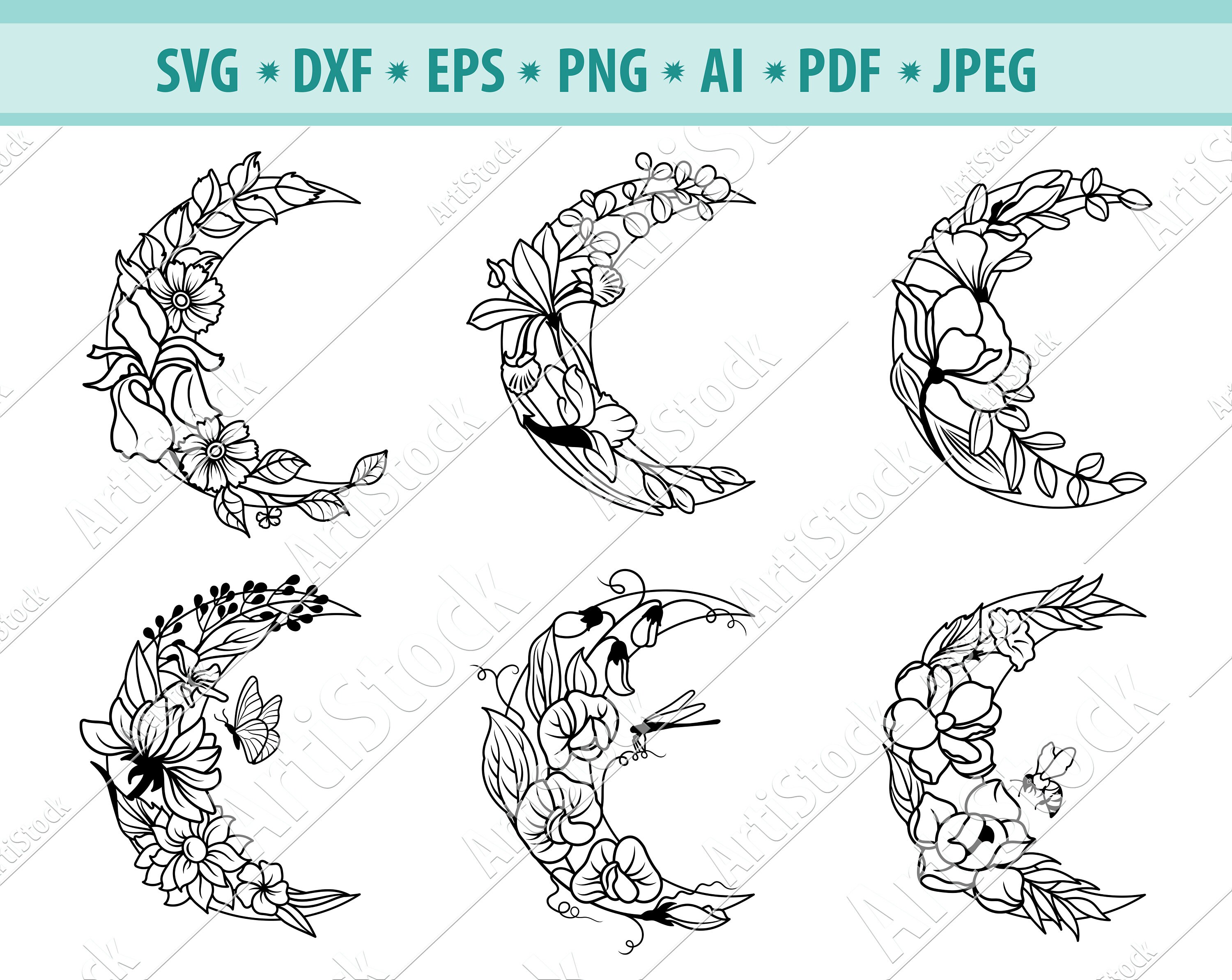 Moon Flowers Svg file Floral Moon svg Dreams svg Moon with | Etsy