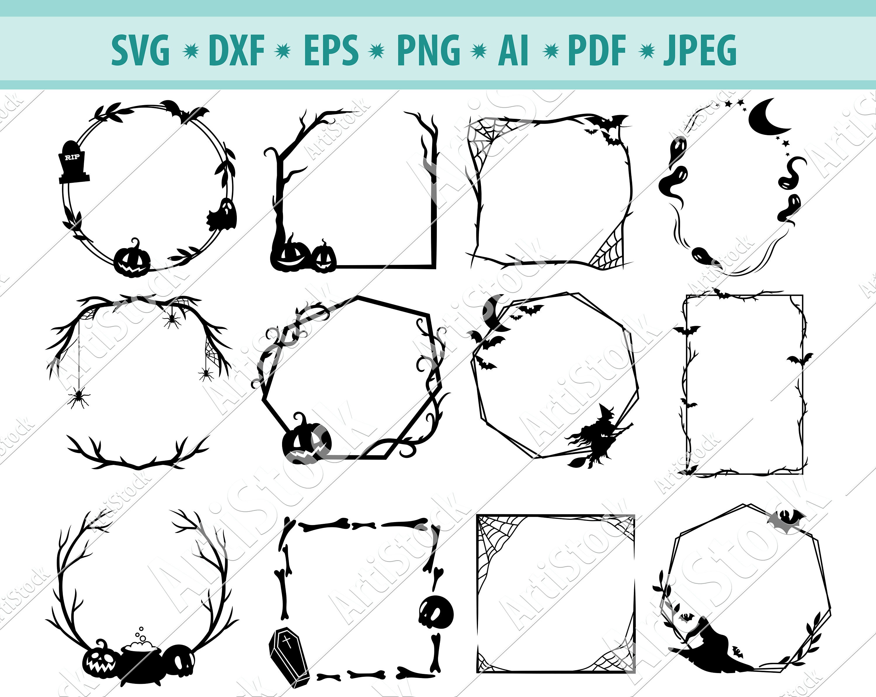 Halloween Frame Svg Bats Monogram Frame Witch Hats Svg - Etsy UK