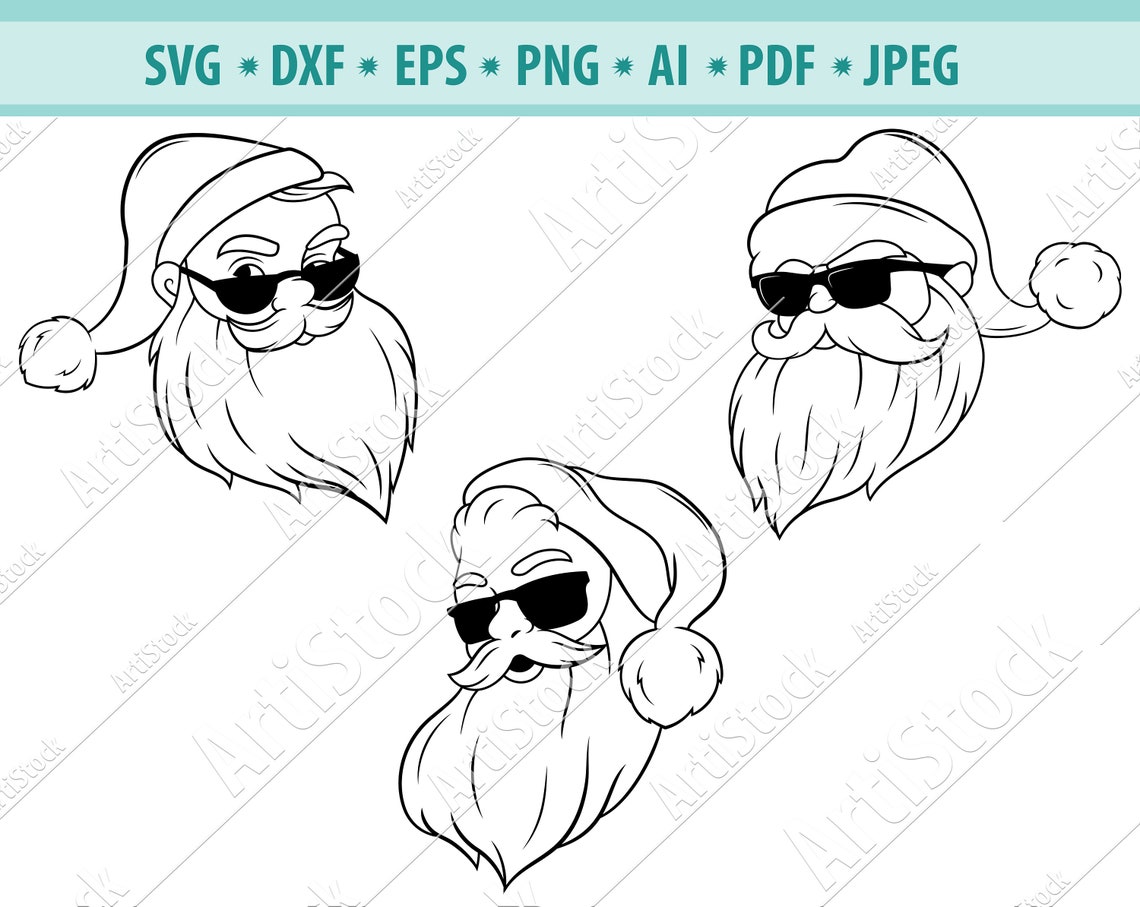Santa Face Svg, Santa With Sunglasses Svg, Santa Beard Svg, Santa Hat ...