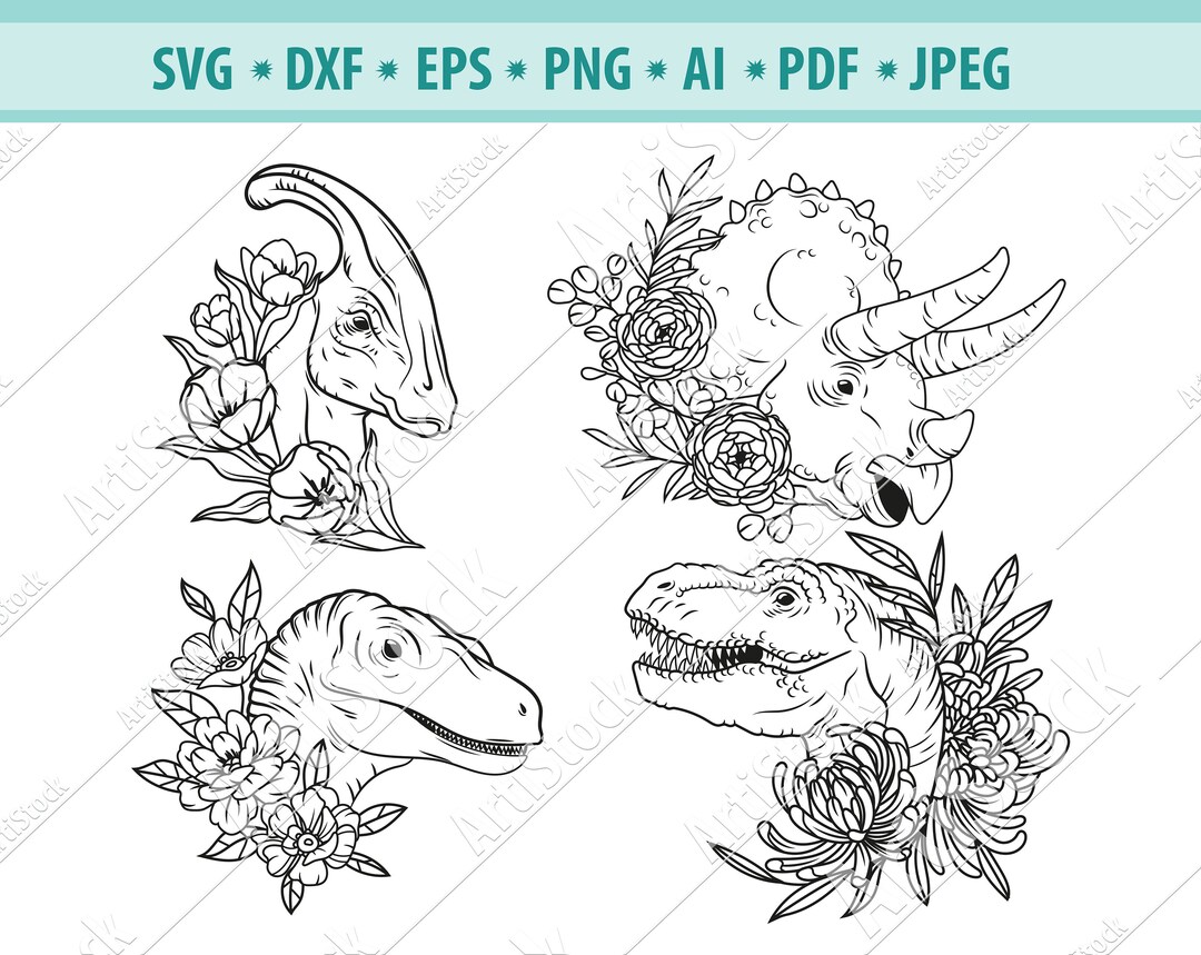 Floral Dinosaur Head Svg, Dinosaur Portrait Svg, Flower Dinosaur Svg ...