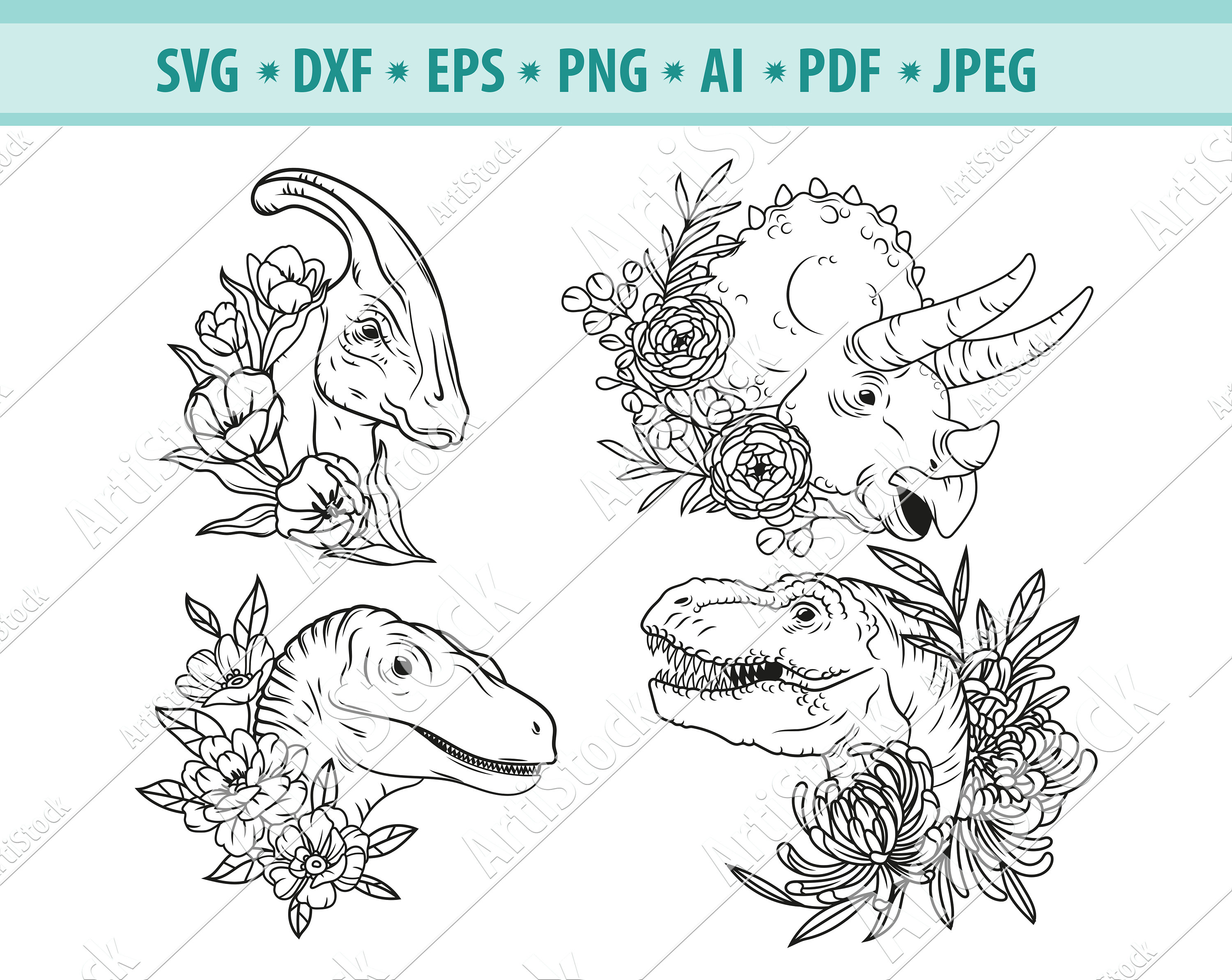 Floral Dinosaur Head Svg Dinosaur Portrait Svg Flower - Etsy Canada