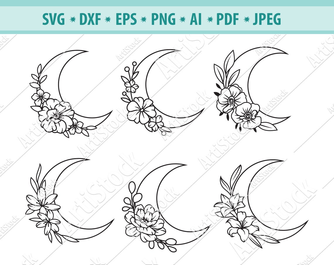 Moon Flowers Svg File, Floral Moon Svg, Dreams Svg, Moon With Flowers ...