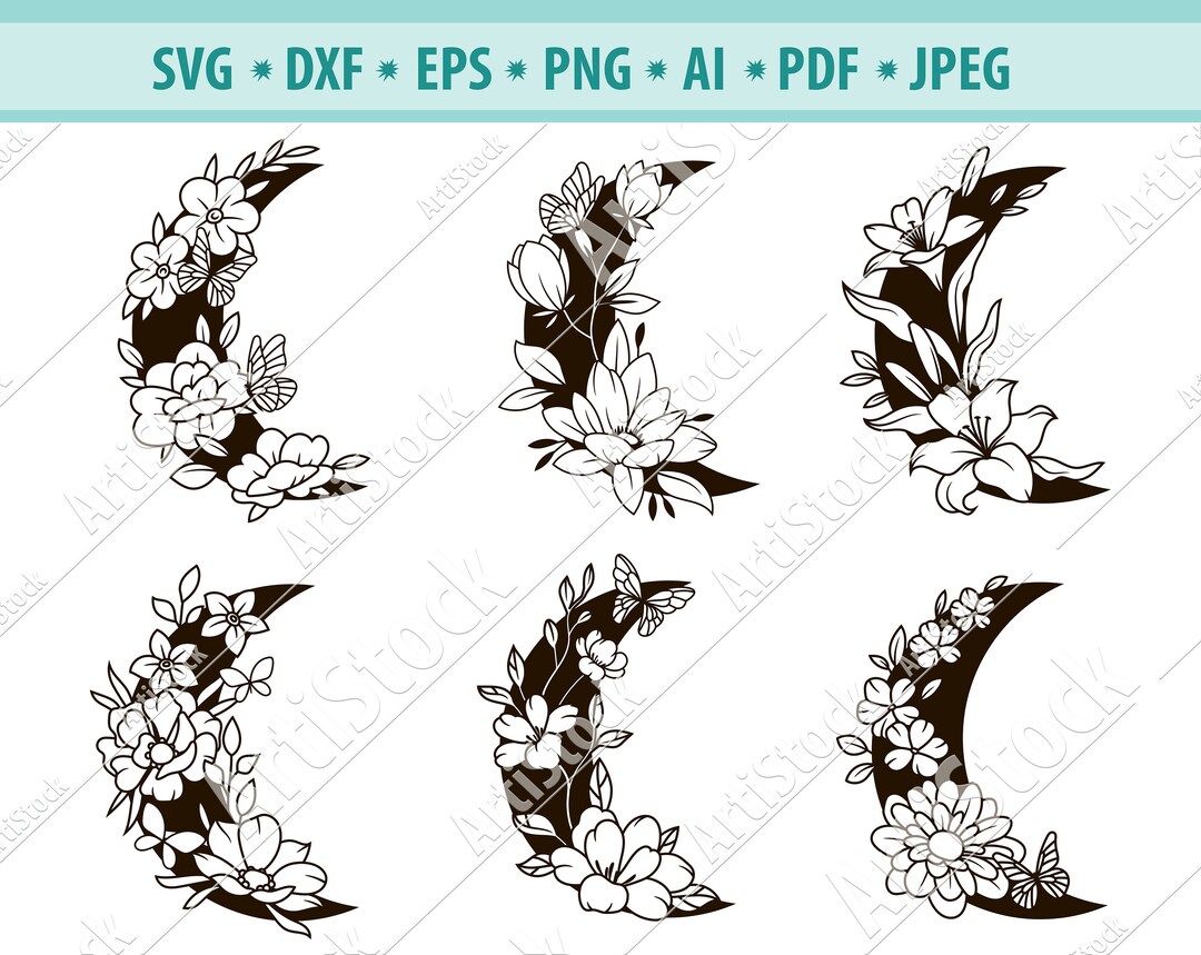 Moon Flowers Svg File, Floral Moon Svg, Dreams Svg, Moon With Flowers ...