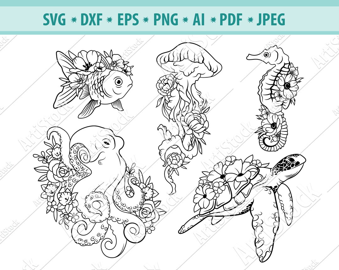 Floral Ocean Animals Svg, Sea Horse Svg, Flower Jellyfish Svg, Sea ...