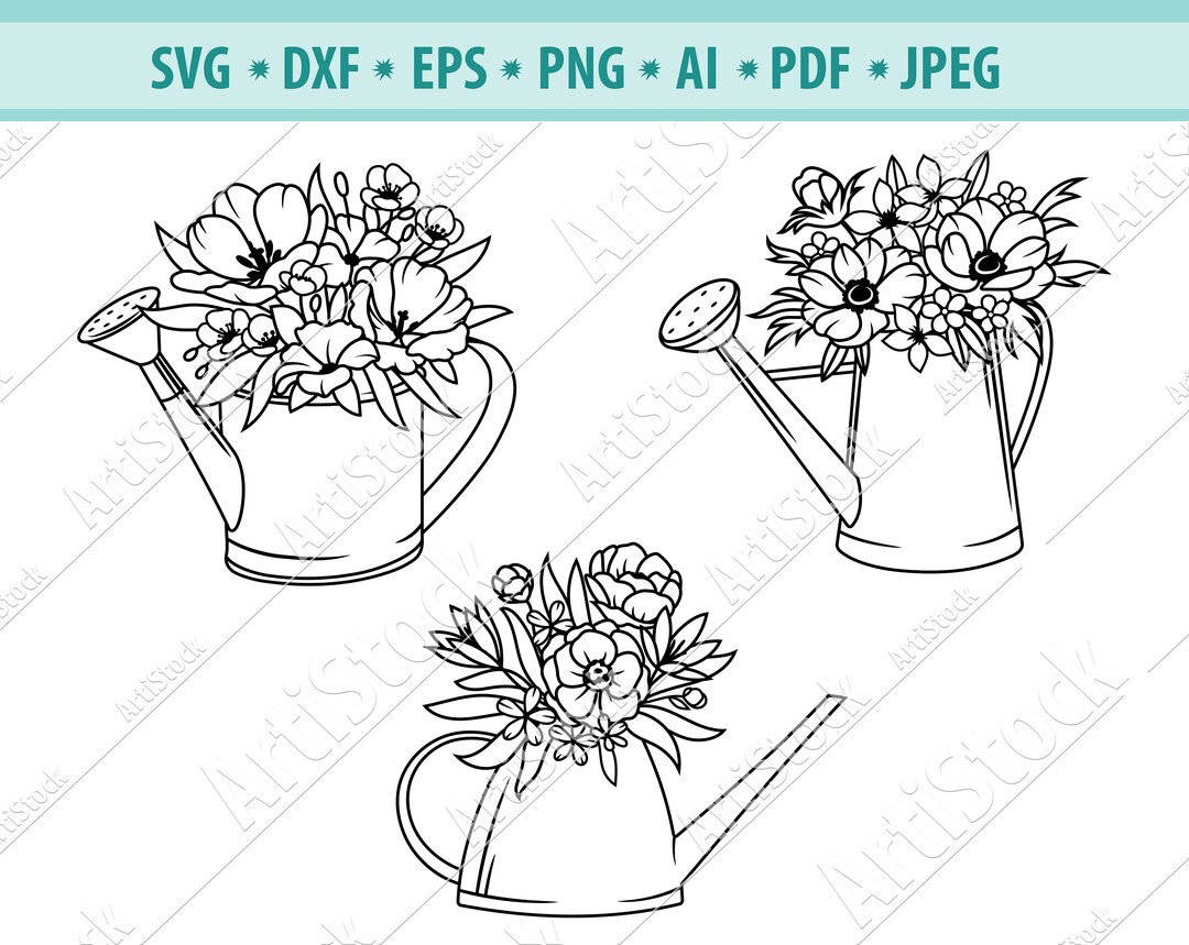 Watering Can Svg, Waterin Can With Flowers Svg, Bouquet of Flower Svg ...