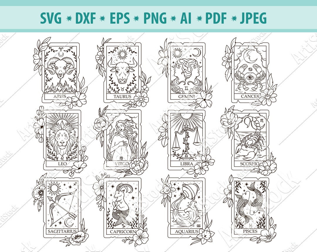 Zodiac Cards Svg, Celestial Svg, Mystical Clipart, Zodiac Sign Svg ...