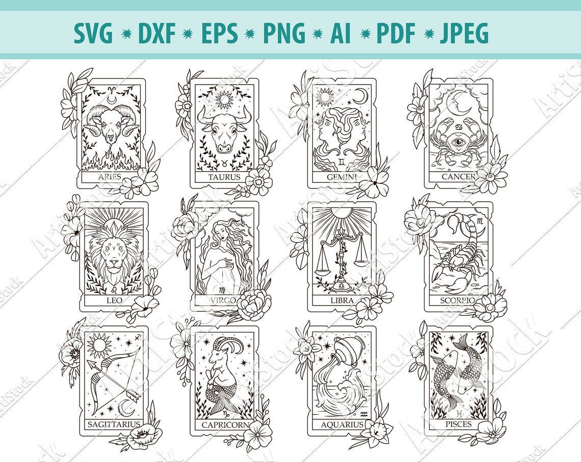 Zodiac Cards Svg Celestial Svg Mystical Clipart Zodiac Sign - Etsy