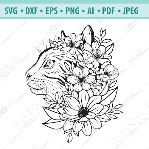 Floral Cat Svg Cat Head With Flowers Svg Cute Floral Cat - Etsy