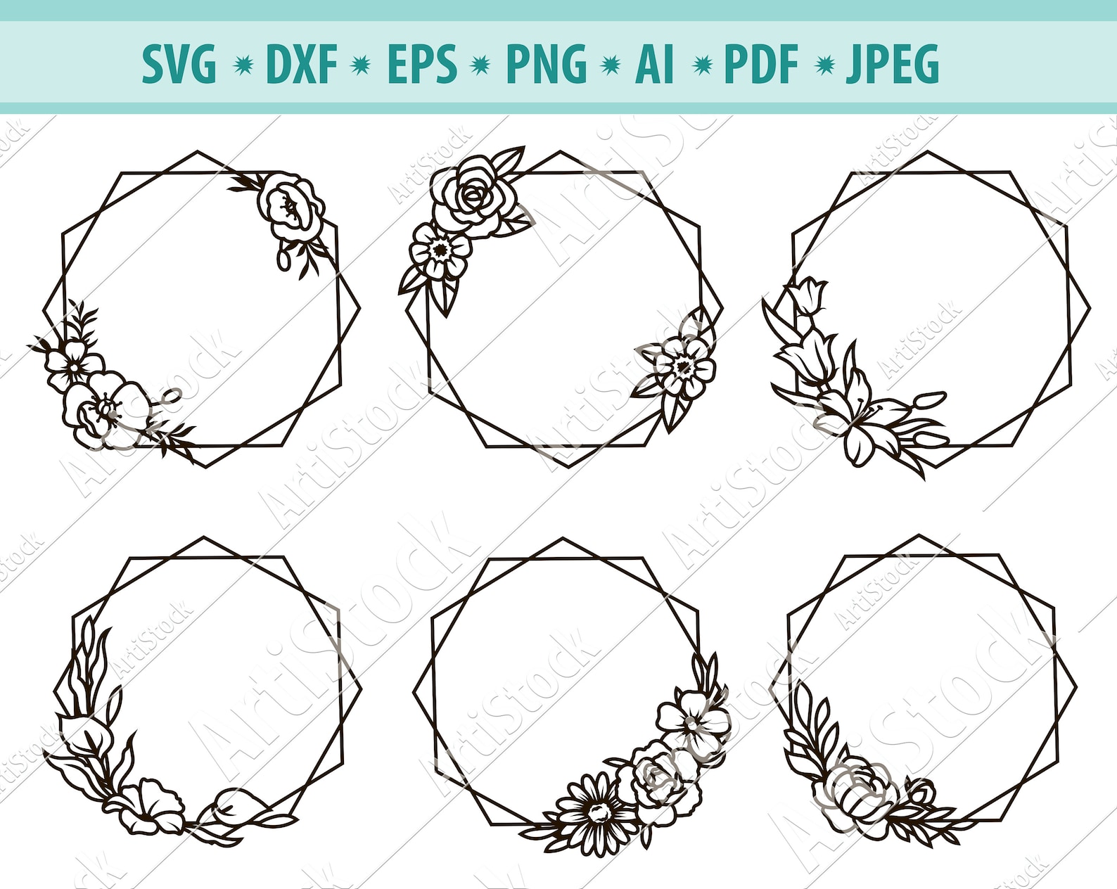 Flower Frame SVG Hexagon Flower Frame SVG Floral Frame Cut - Etsy