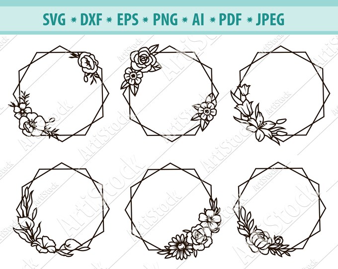 Floral Frame SVG, Floral Frame Cut File, Hexagon Flower Frame, Floral ...