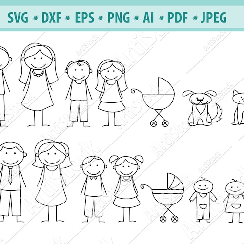Family Pet Stick Figures SVG PNG EPS Black Lines White - Etsy