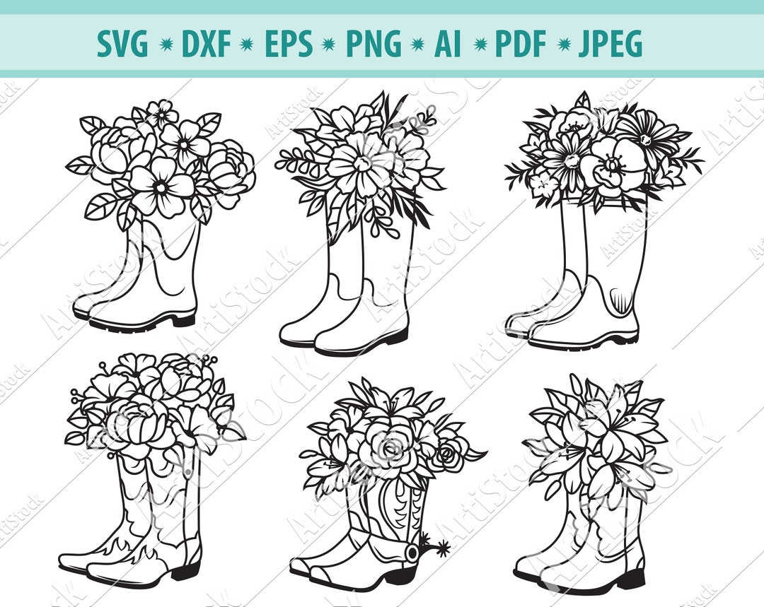 Boots SVG File, Boots With Flowers SVG, Cowboy Floral Boots SVG, Rain ...