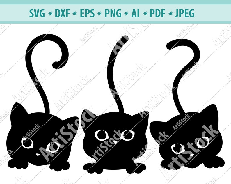 SVG 3 cats peeking silly kitty cut file black cats watching | Etsy