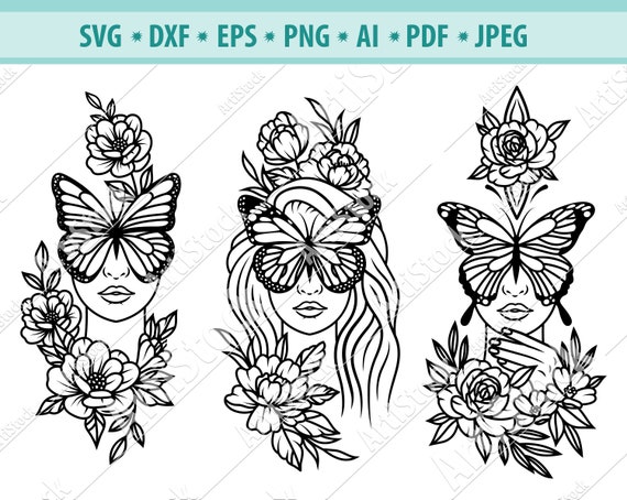Floral Woman Svg Girl Butterfly Svg Woman Flower Head Svg - Etsy