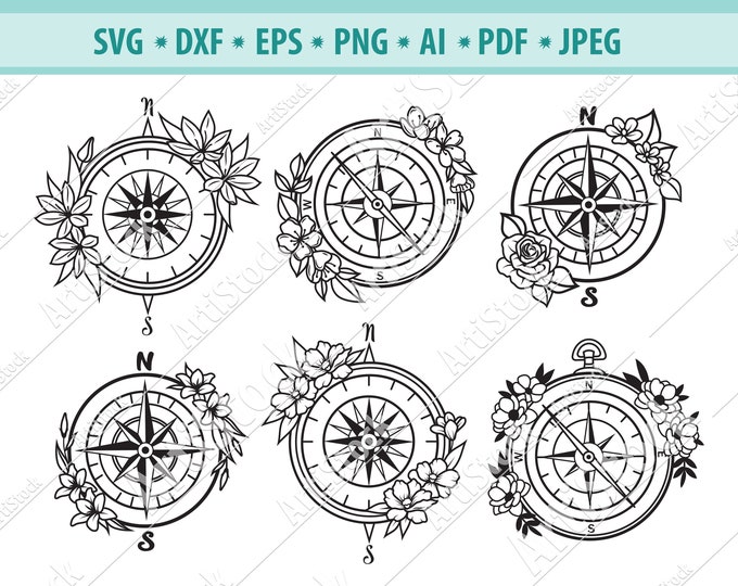 Floral Compass Svg, Nautical Compass Svg, Adventure Svg, Compass Rose ...