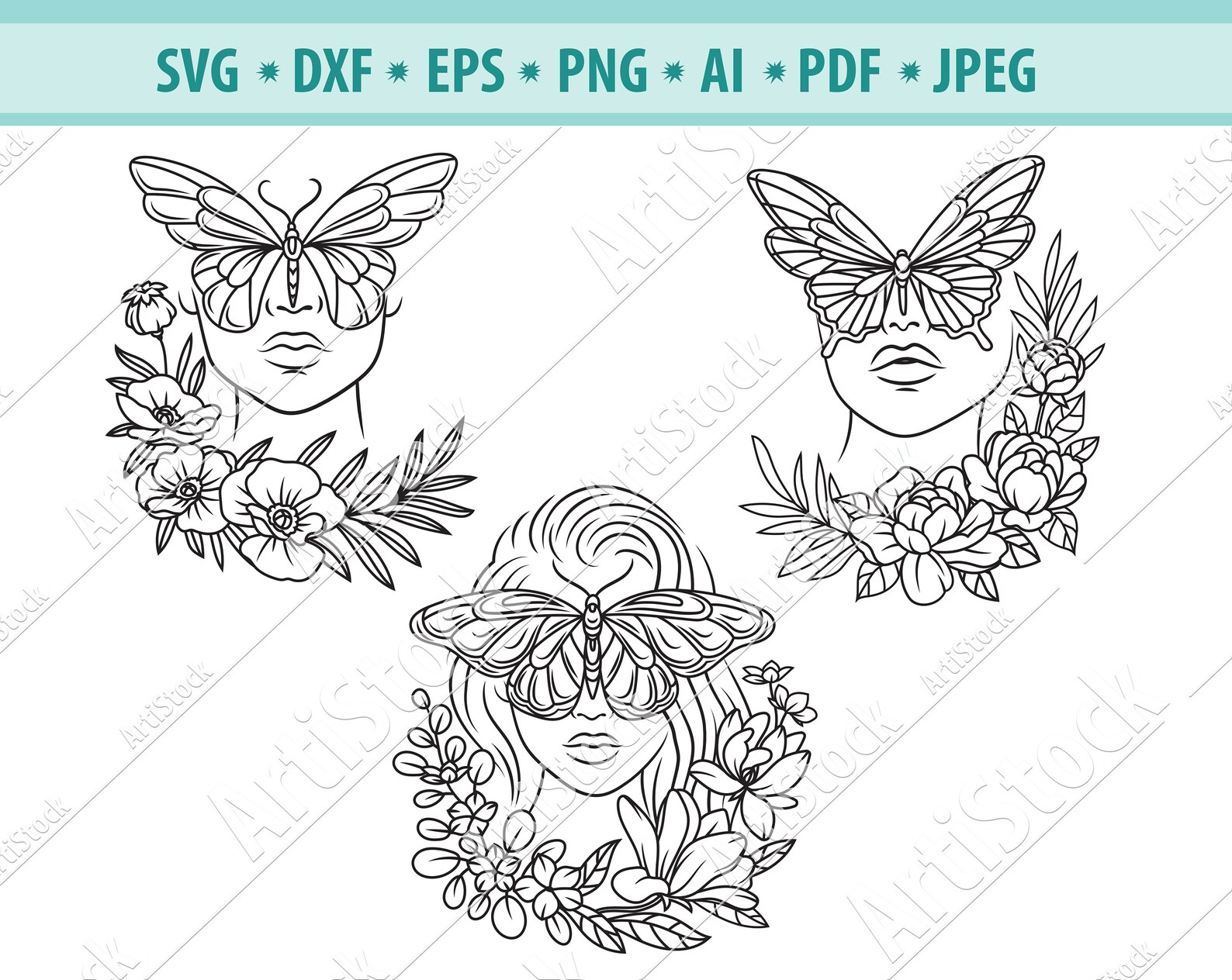 Floral Woman Svg Girl Butterfly Svg Woman Flower Head Svg - Etsy