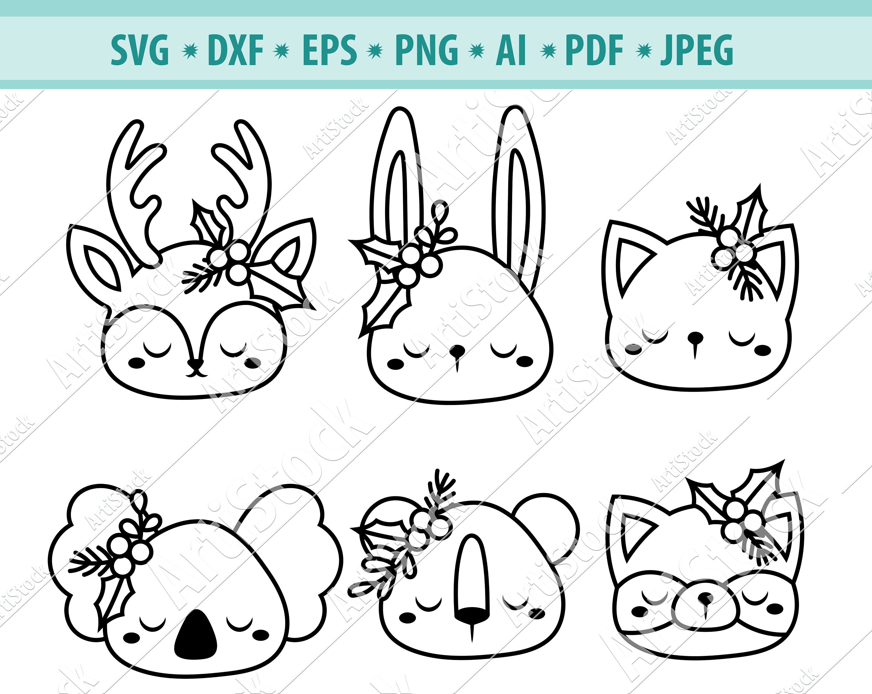 Animals Face Svg, Christmas Animal Svg, Woodland Svg, Christmas Animal ...