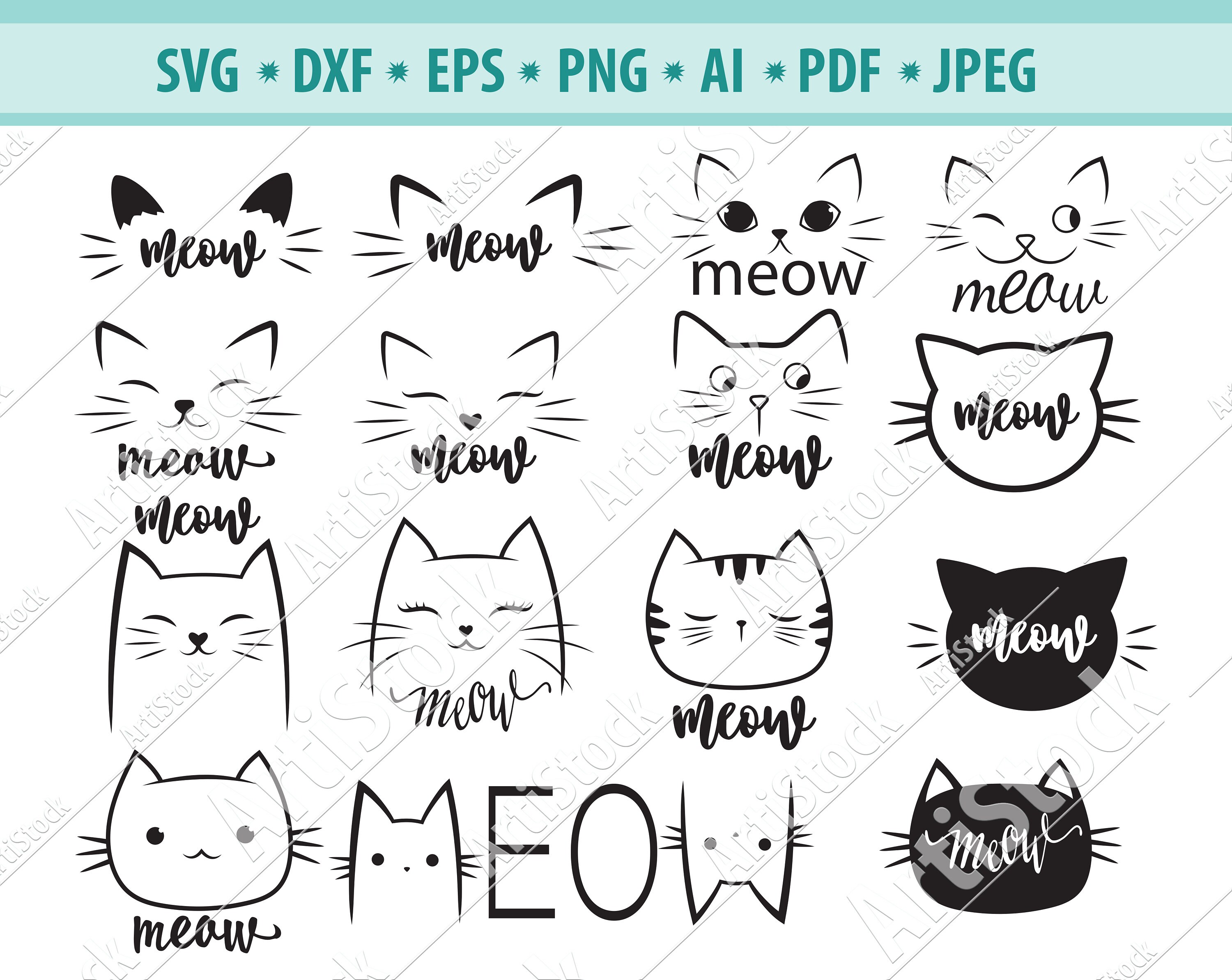 Cat Face Svg Meow Svg Kitty Cat Svg Cat Mustache Svg Cute Etsy
