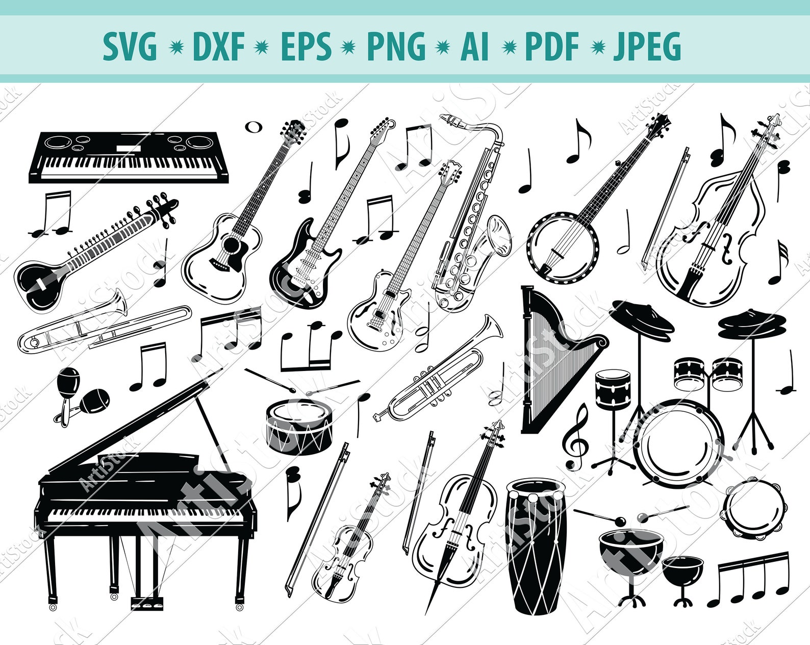 Musical Instruments Svg File Drums Piano Guitar Saxo Digital | Etsy