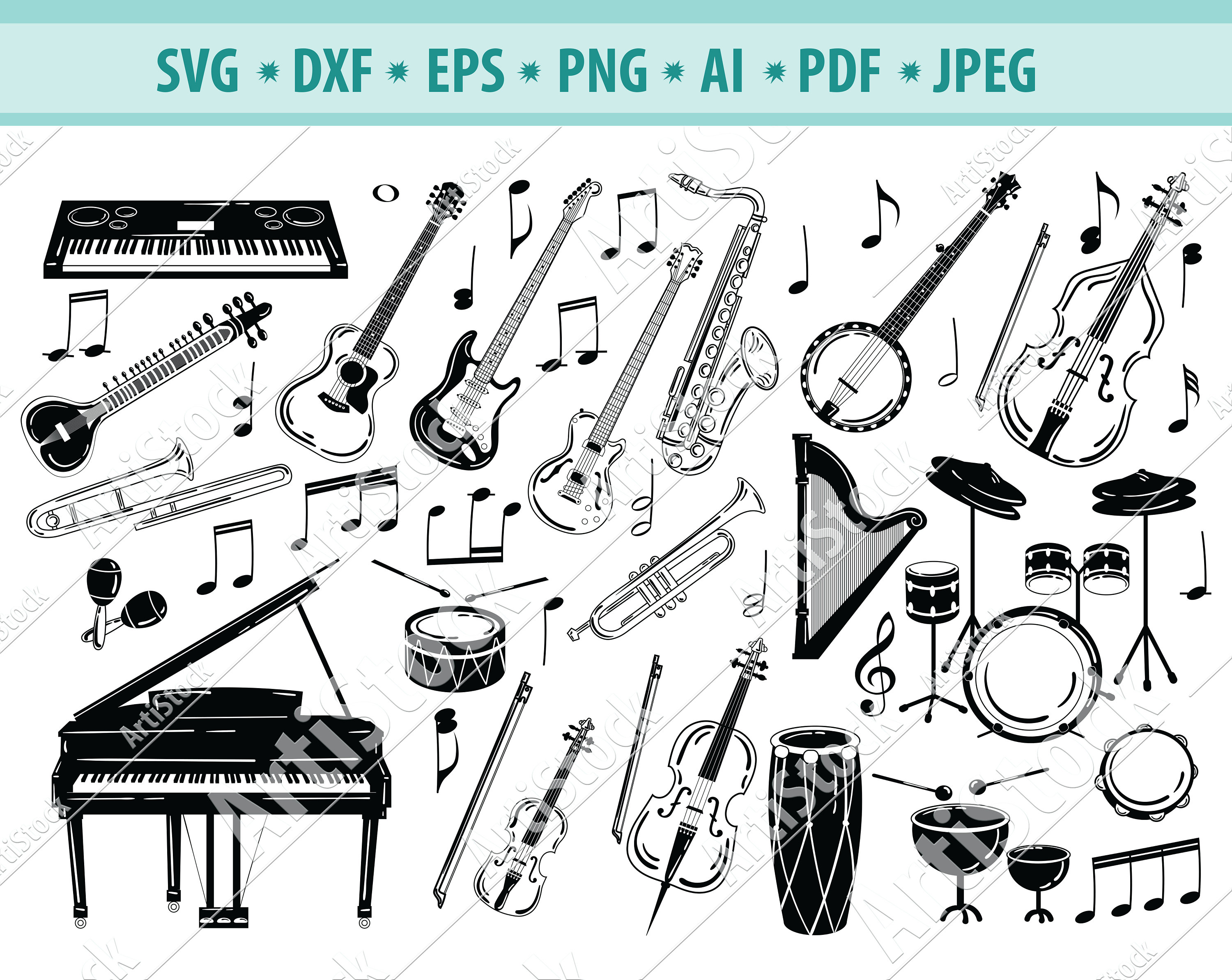 Musical Instruments Svg File Drums Piano Guitar Saxo Digital Download ...