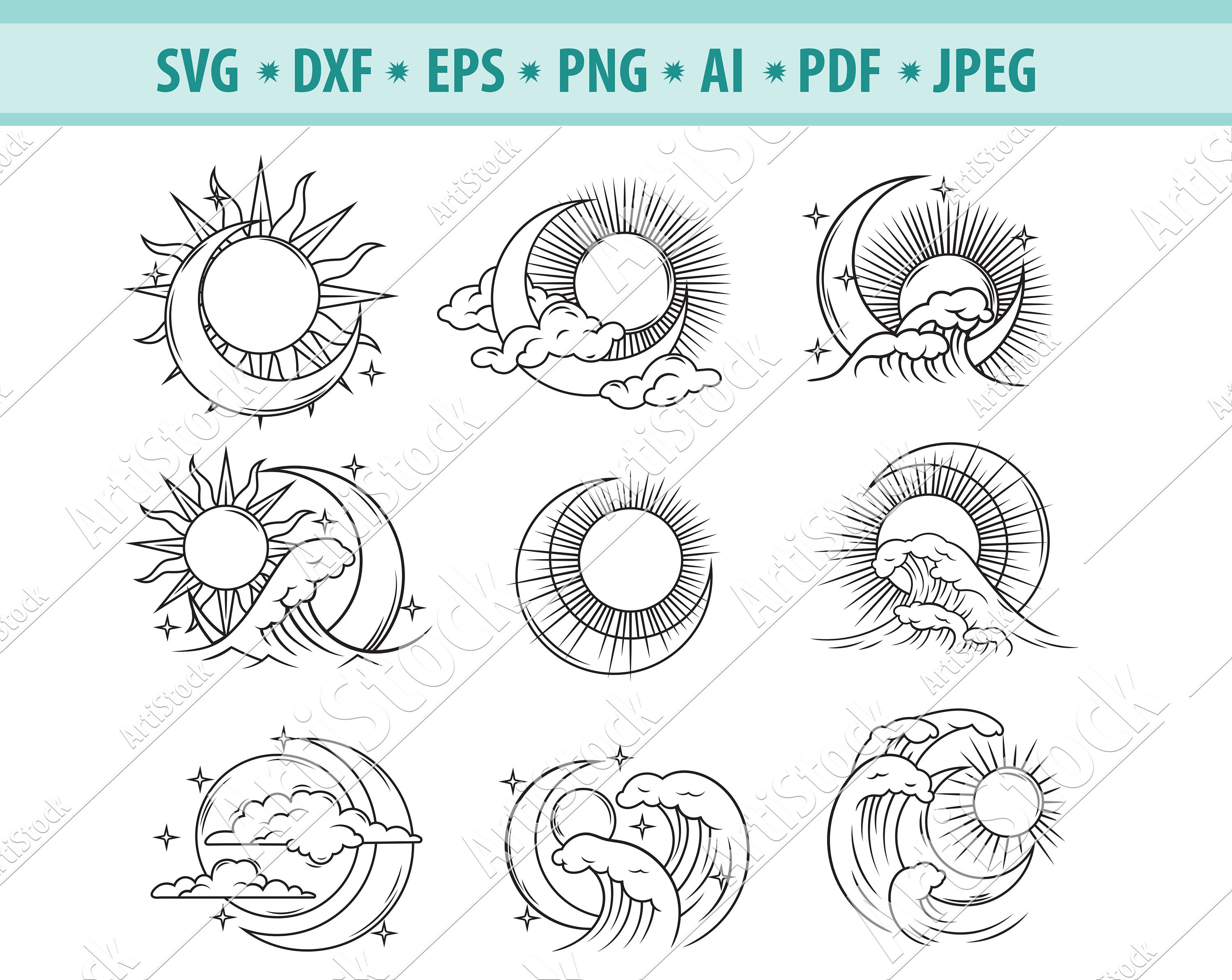Boho Sun SVG, Ocean Wave SVG, Mystical Sun Svg, Crescent Moon Svg ...