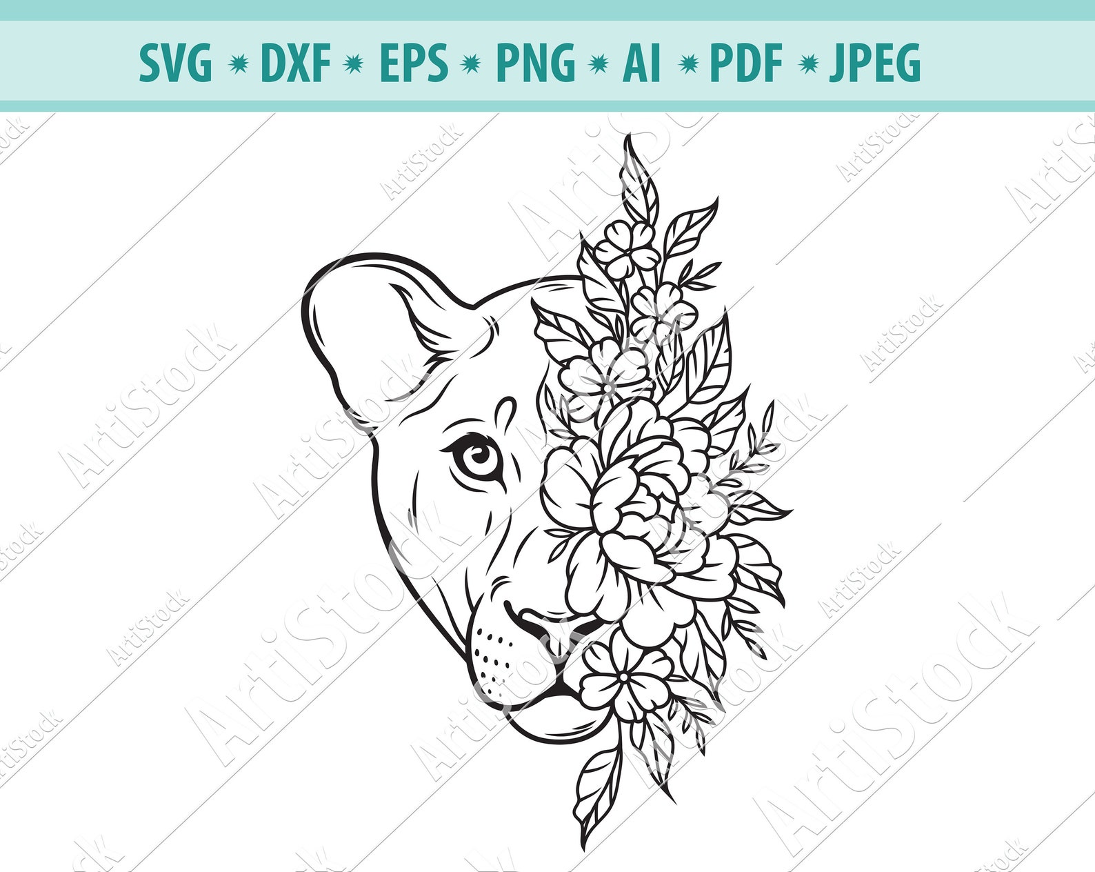 Lioness Head SVG, Lion Flower Svg, Wild Cat Svg, Lion Silhouette ...