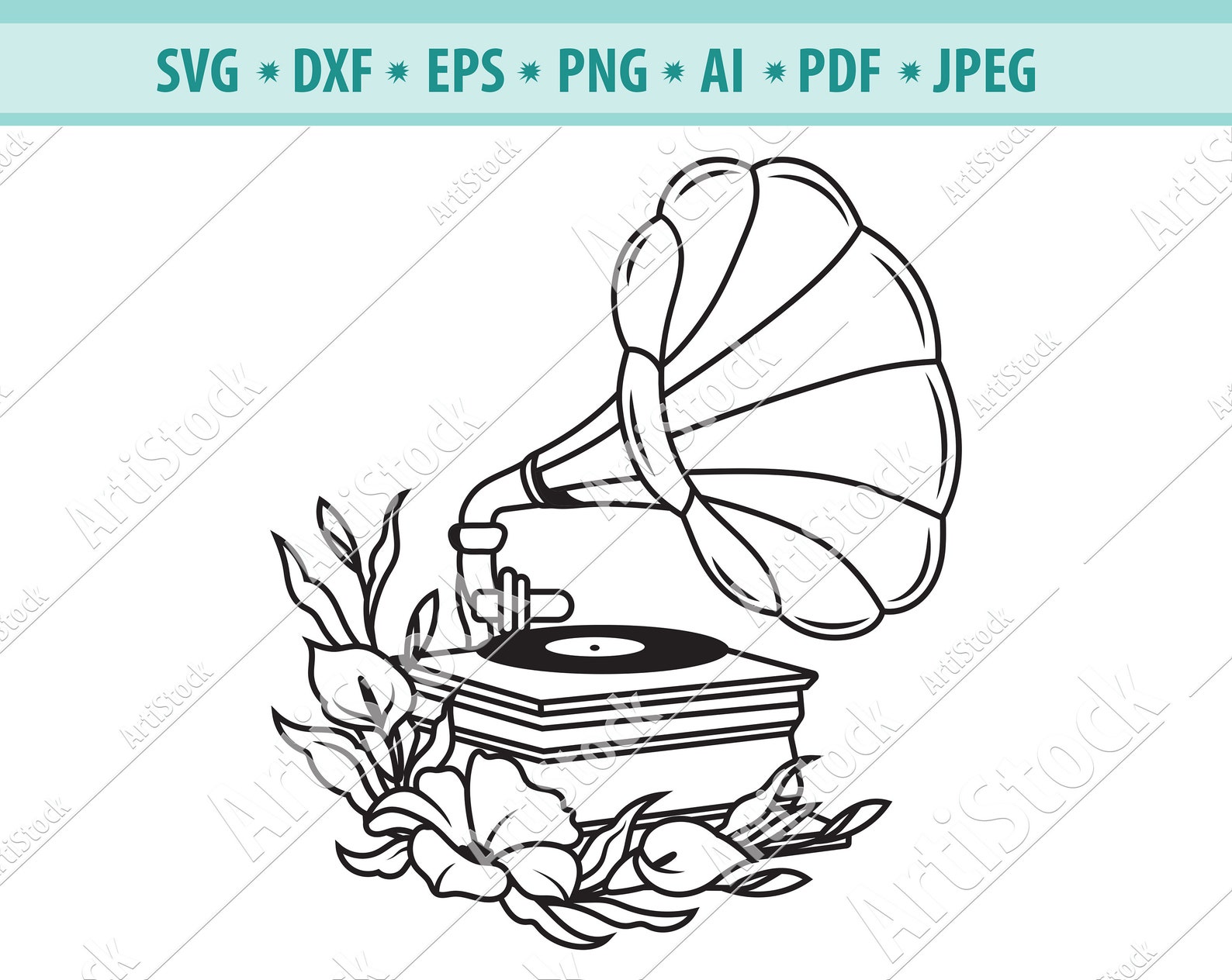 Phonograph Svg Gramophone With Flowers Svg Floral Phonograph | Etsy