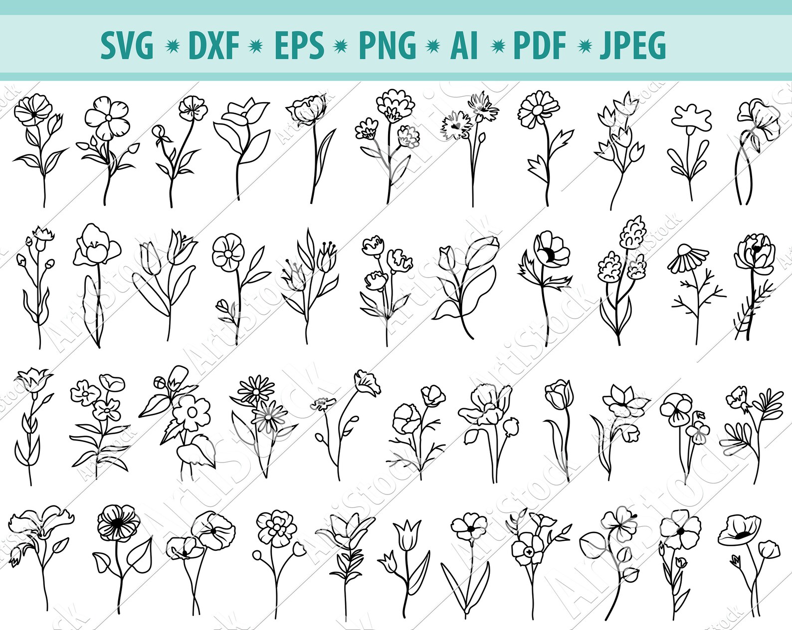 Flower SVG Files, Field Flowers Svg, Wildflowers Svg, Flower Branches ...