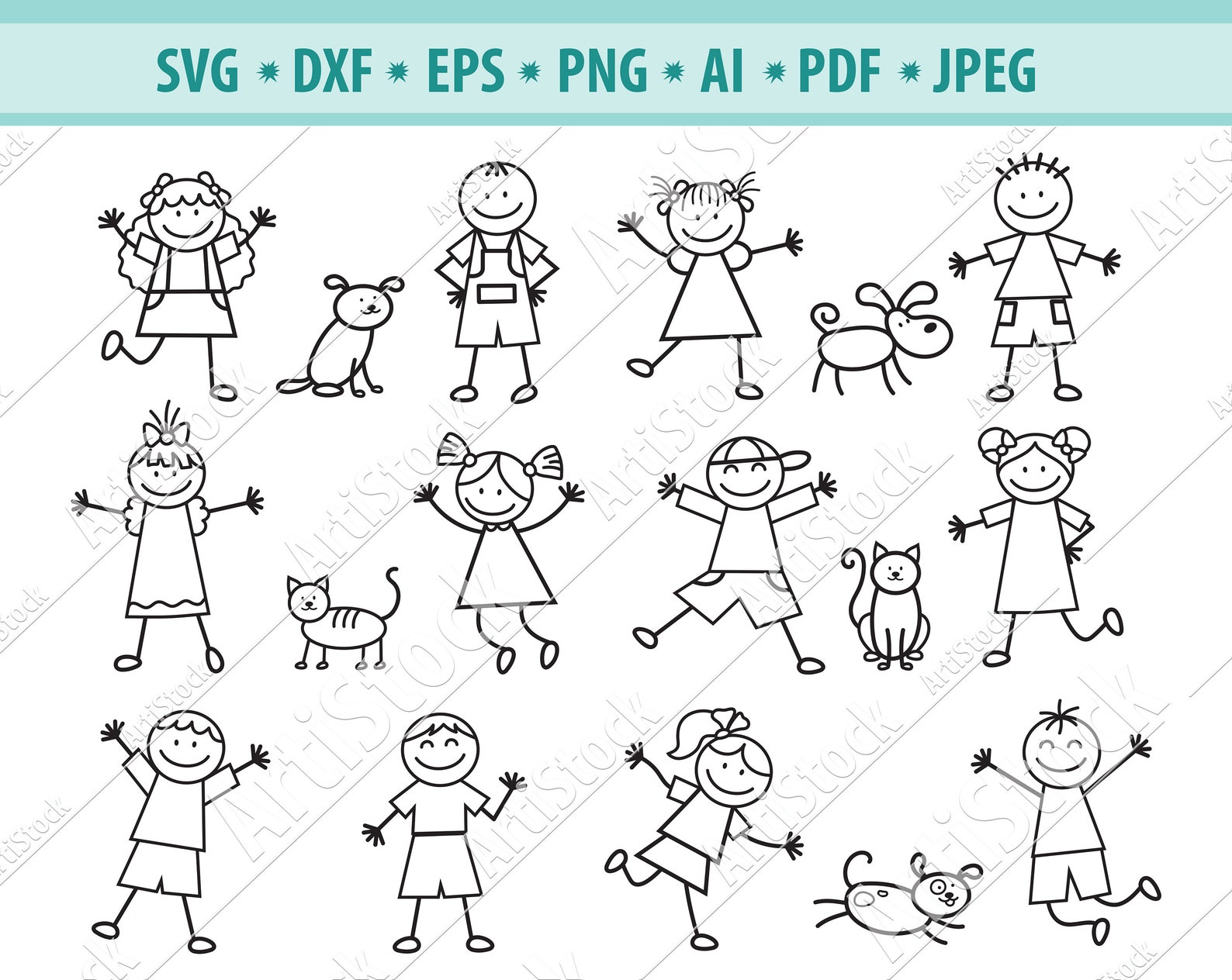 Stick Kids Svg Bundle, Stick Pets Svg, Stick Kids Clipart, Files for ...