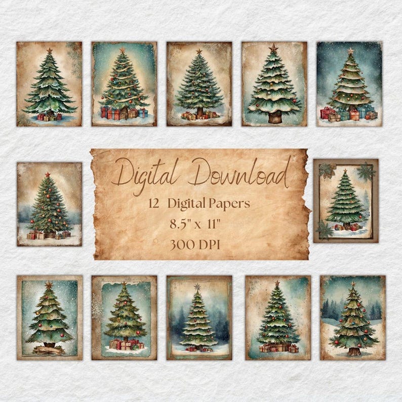 Christmas Tree Vintage Digital Paper Pack: Printable Holiday ...