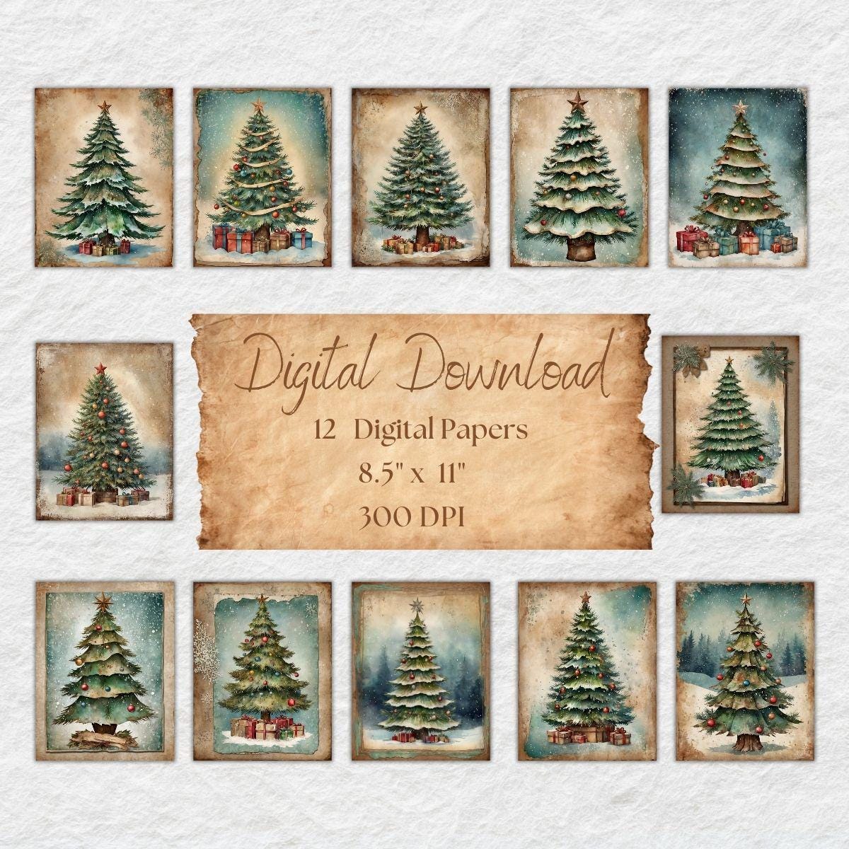 Christmas Tree Vintage Digital Paper Pack: Printable Holiday ...
