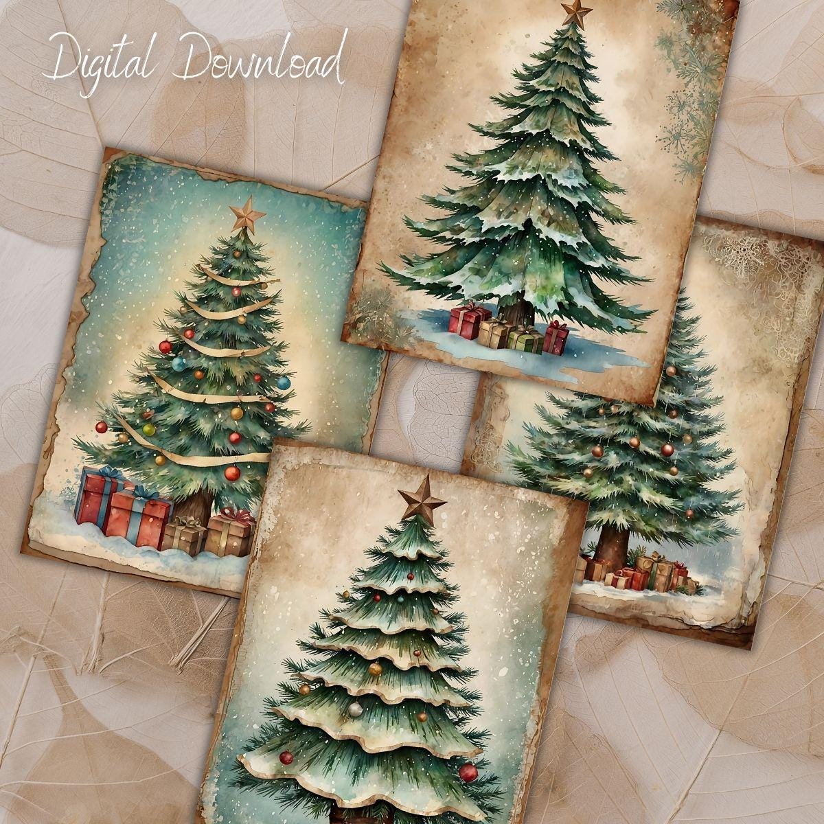 Christmas Tree Vintage Digital Paper Pack: Printable Holiday ...