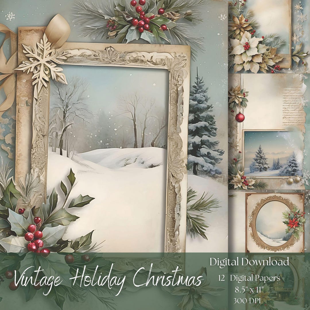 Vintage Holiday Christmas, Digital Paper Pack, Vintage Rustic Designs ...