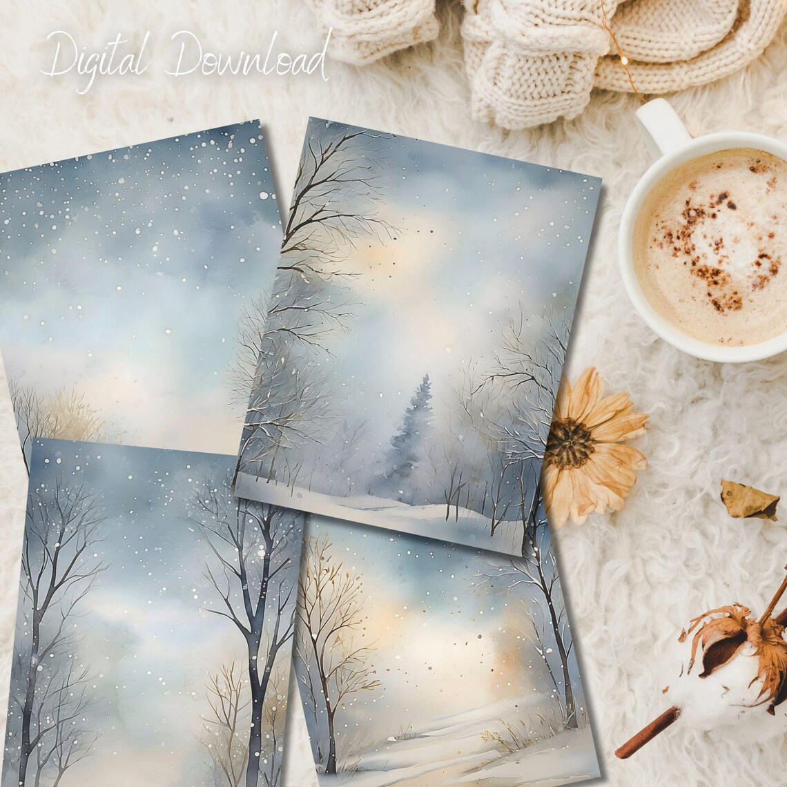 Chilly Winter Forest, Antique Digital Paper, Printable Vintage ...