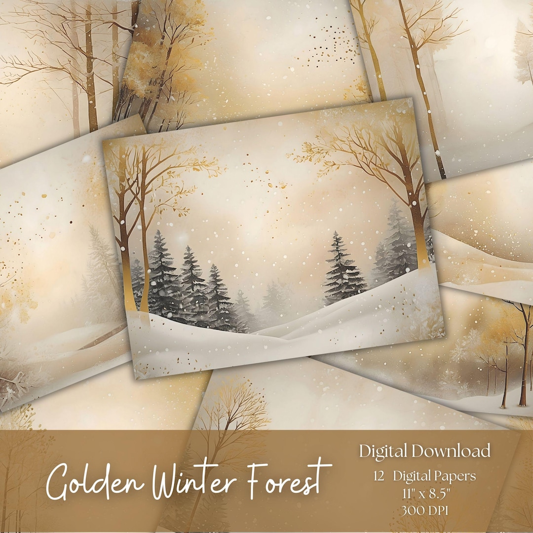 Golden Winter Forest, Digital Paper Pack, Vintage Rustic Designs for ...