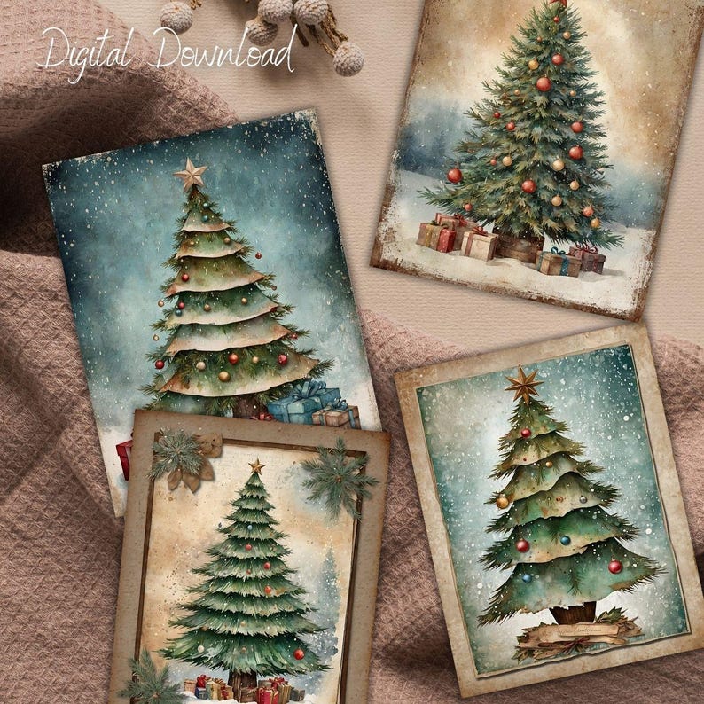 Christmas Tree Vintage Digital Paper Pack: Printable Holiday ...