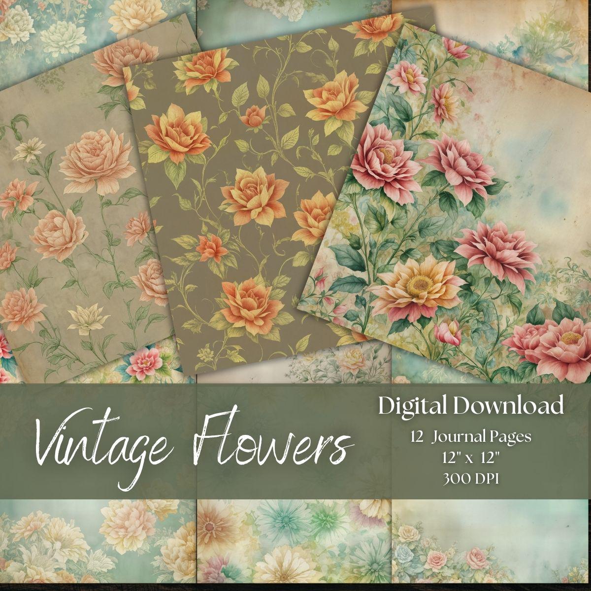 Vintage Flowers, Printable Junk Journal Pages, Digital Scrapbook Kit ...