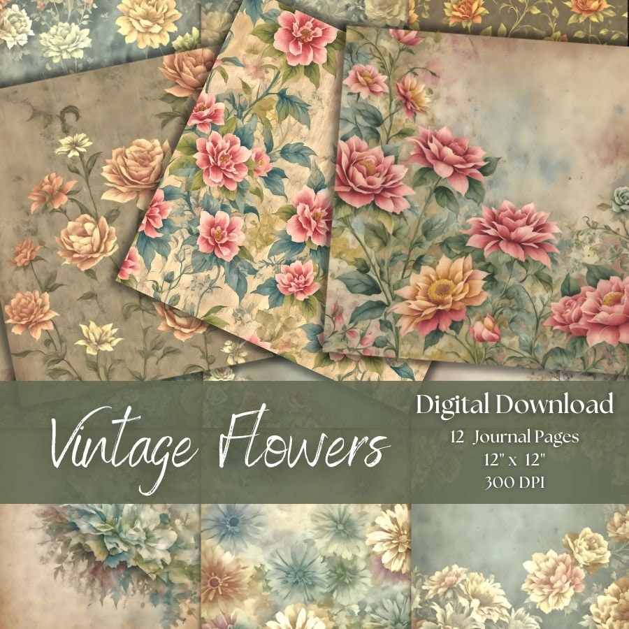 Vintage Flowers, Printable Junk Journal Pages, Digital Scrapbook Kit ...