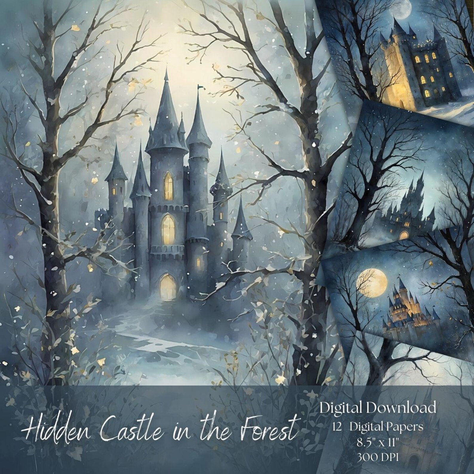 Hidden Castle in the Forest Digital Paper Pack, Printable Fantasy ...