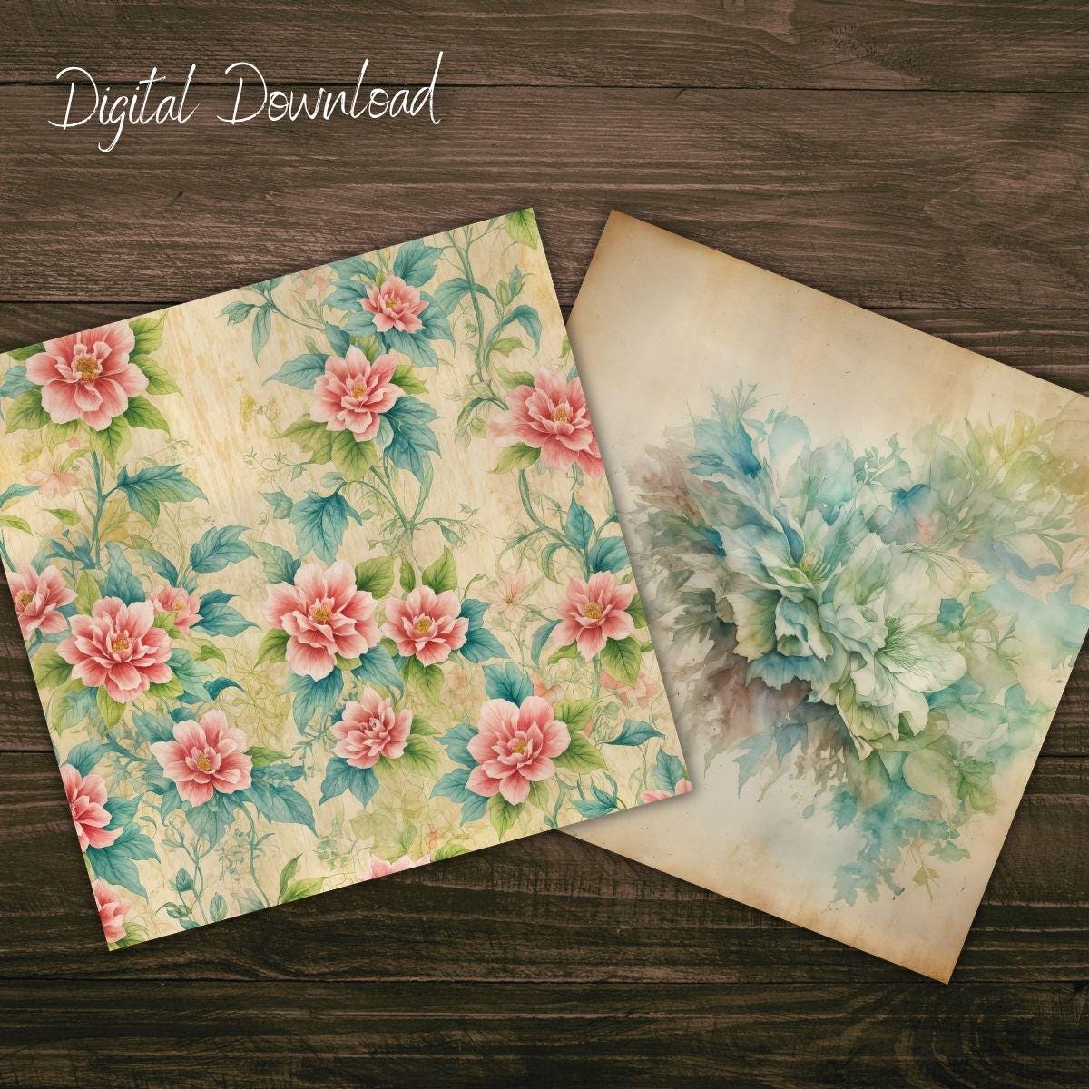Vintage Flowers, Printable Junk Journal Pages, Digital Scrapbook Kit ...