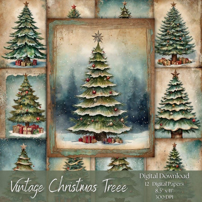 Christmas Tree Vintage Digital Paper Pack: Printable Holiday ...