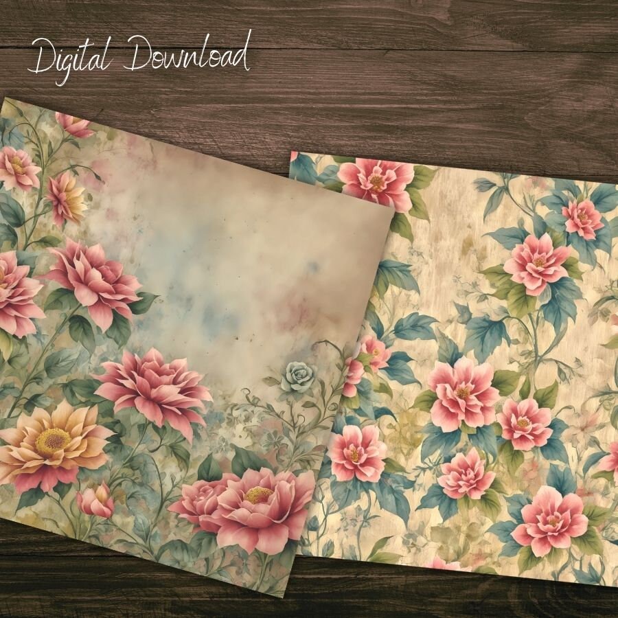 Vintage Flowers, Printable Junk Journal Pages, Digital Scrapbook Kit ...