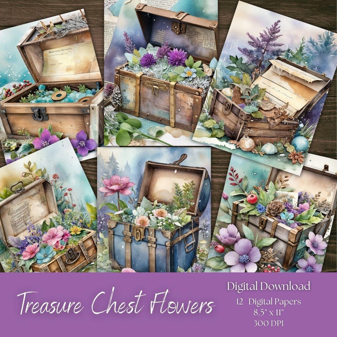 Treasure Chest Flowers, Classic Vintage Digital Paper | Printable ...