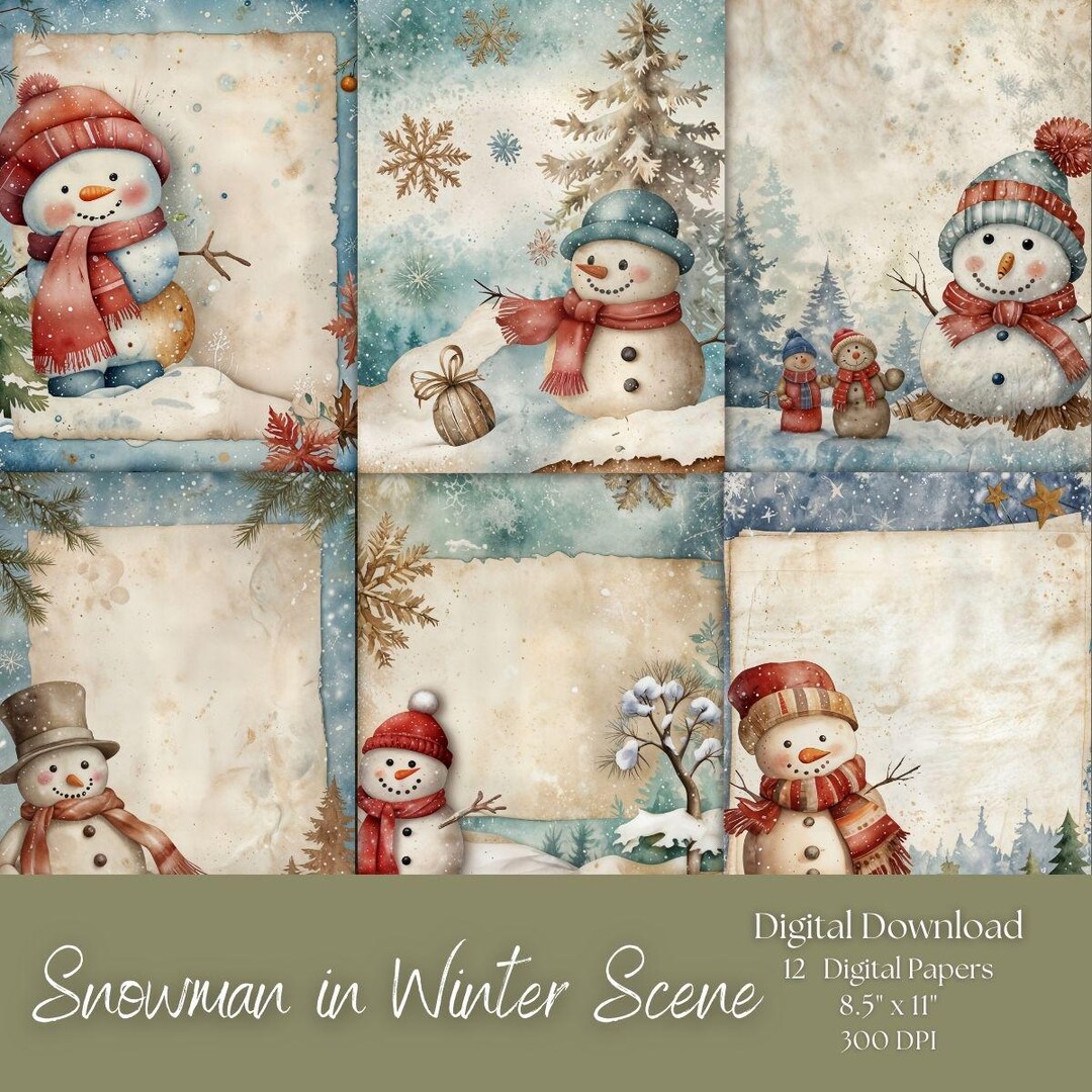 Snowman in Winter Scene, Digital Paper Pack, Vintage Rustic Designs for ...