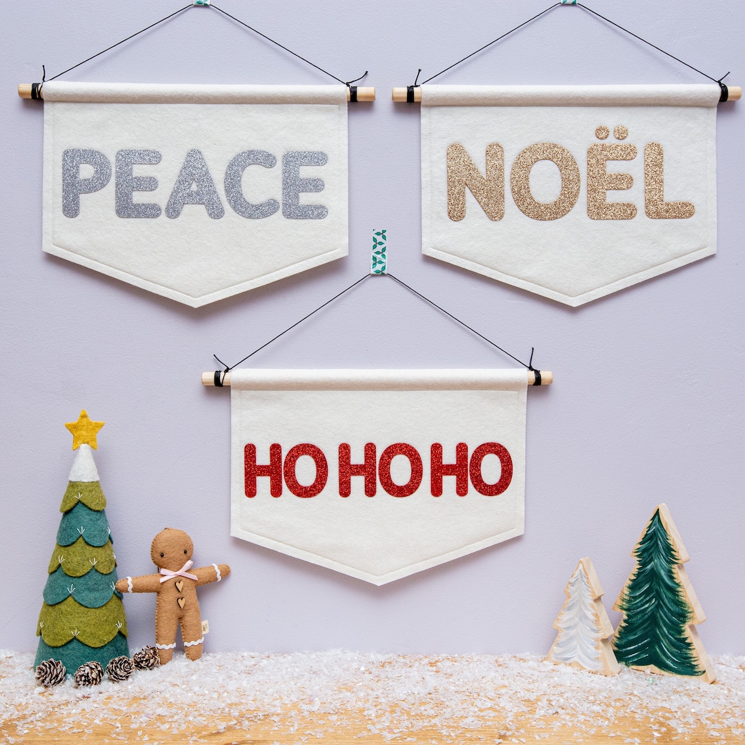 Glitter Ho Ho Ho, Noël or Peace Christmas Wall Banner Flag Decoration ...