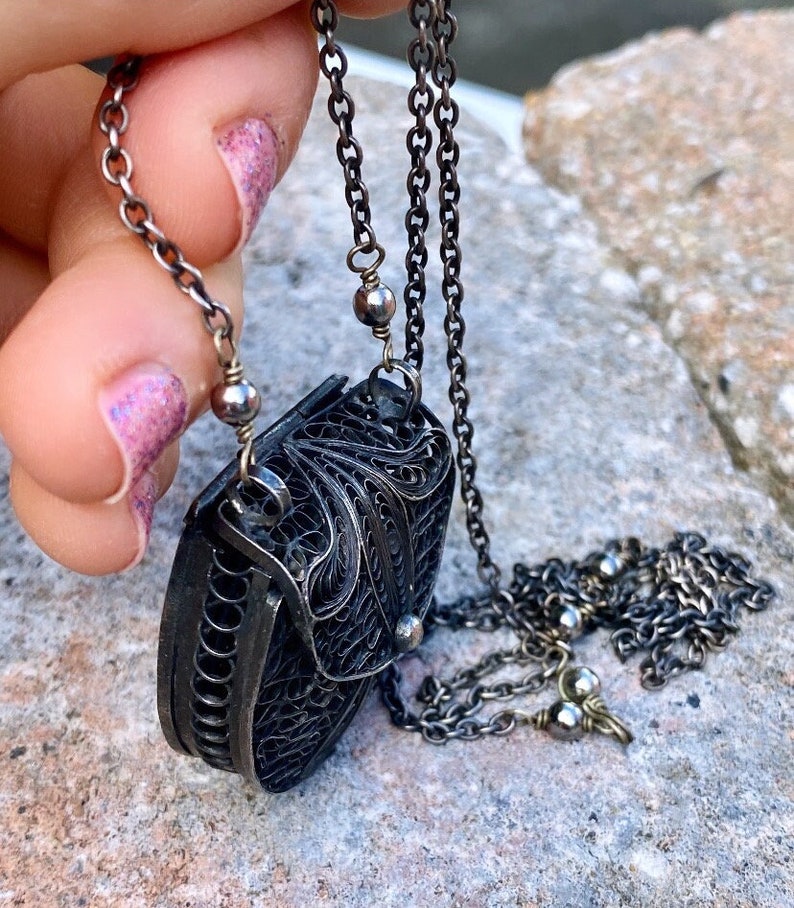 Vintage Silver Metal Filigree Small Purse Chain Necklace, 34” Long #582 ...